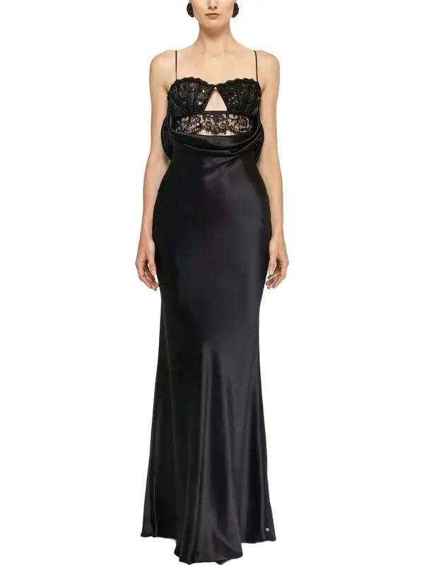 NISSA Lace-panel Satin Maxi Dress - Black