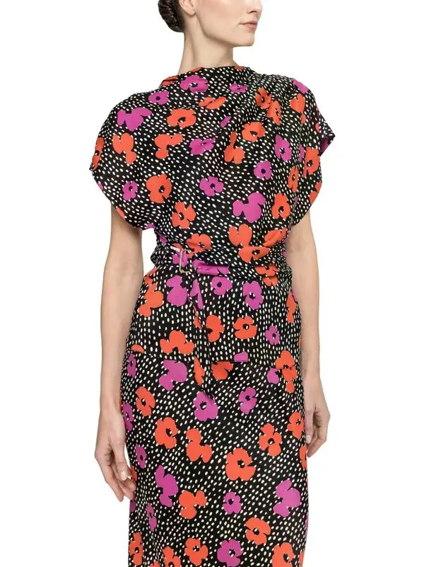 NISSA Floral Print Belted Shirt - Black