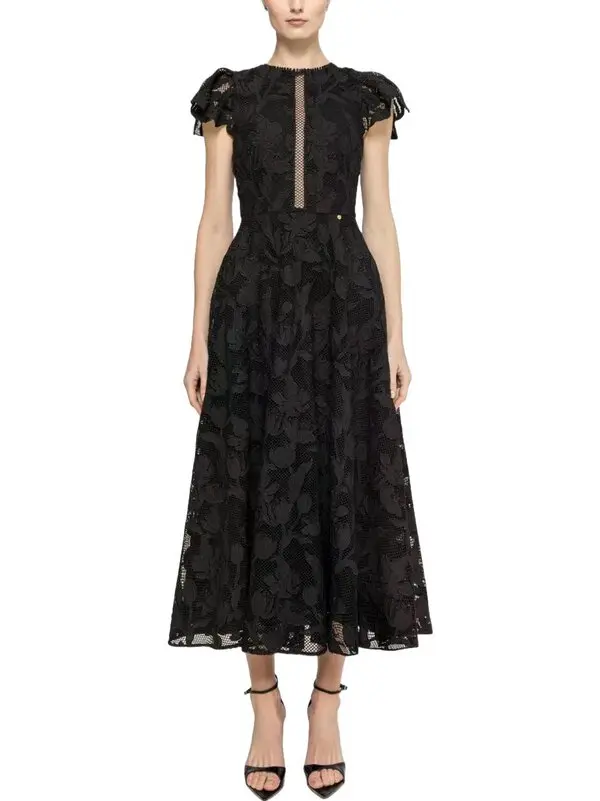 NISSA Embroidered Lace Midi Dress - Black