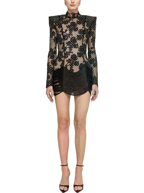 NISSA Fringed Hem Lace Embellished Mini Dress - Black