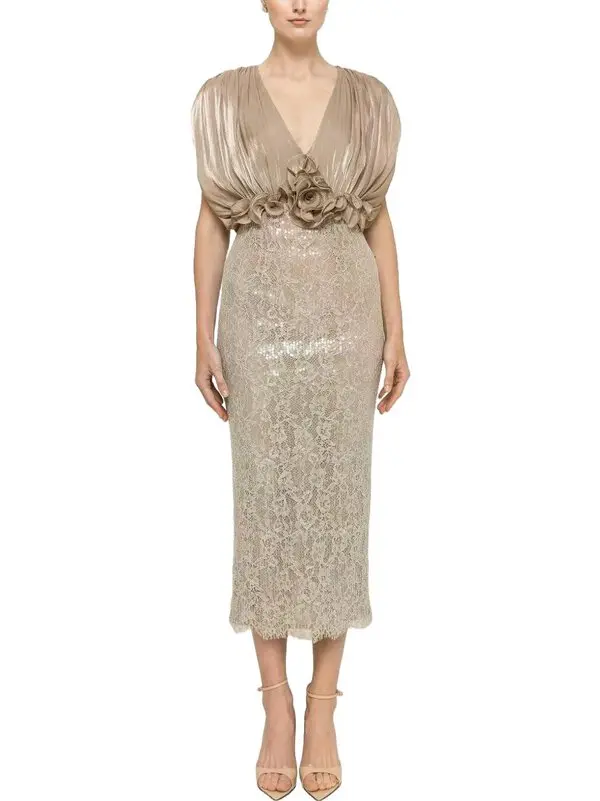 NISSA Floral Detail Lace Midi Dress - Grey