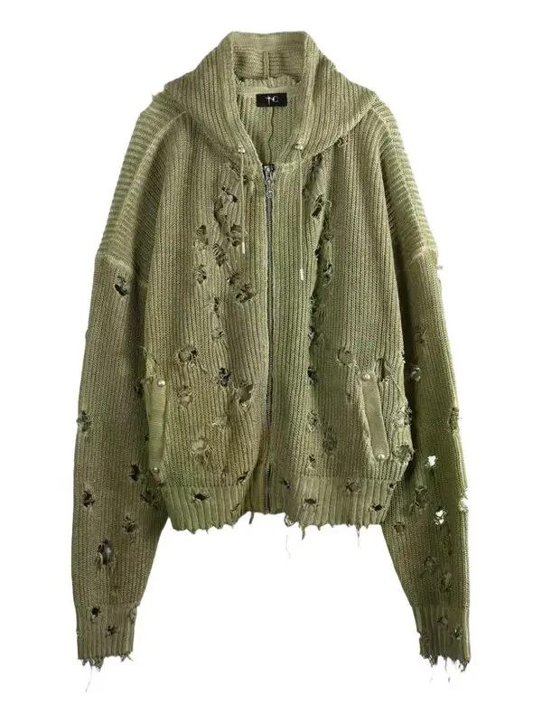 THUG CLUB Distressed Zip-up Hoodie - Neutrals