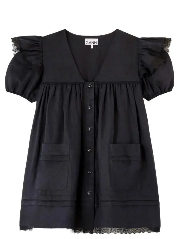 GANNI Mini Dress In Linen With Lace Trim - Black