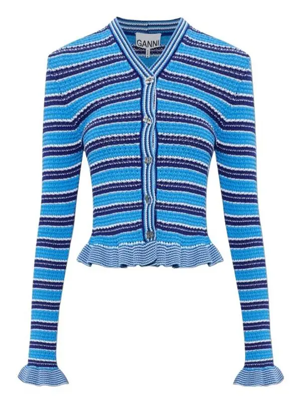 GANNI Striped Ruffle Knit Cardigan - Blue