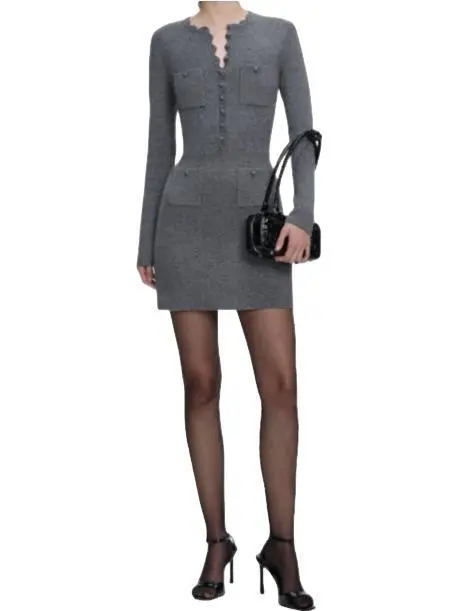 SELF-PORTRAIT Grey Knit Mini Dress - Gray