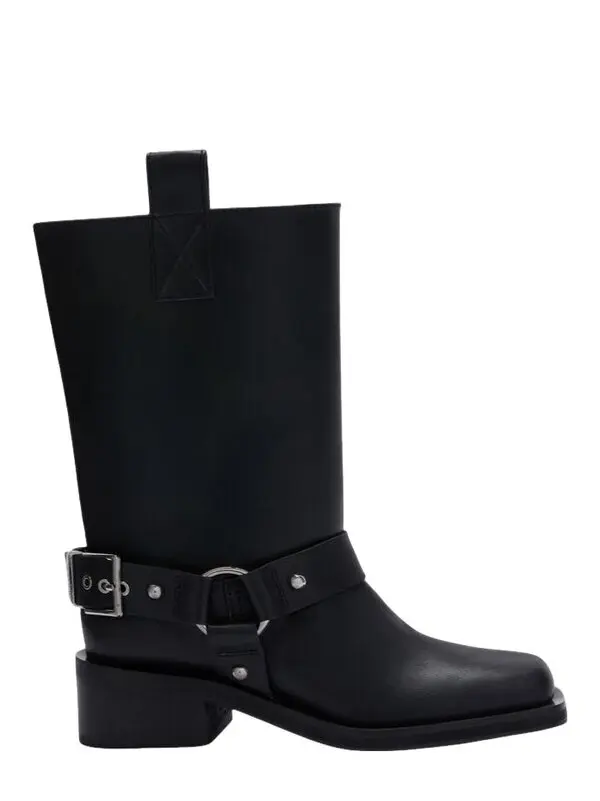 GANNI Mid Shaft Biker Boots With Studded Buckle Strap - Black