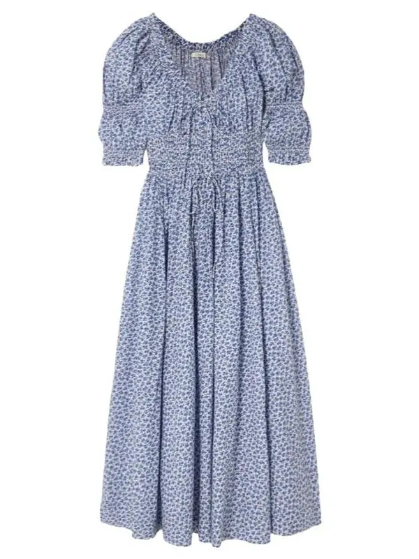 DÔEN Ischia Shirred Floral-print Organic Cotton-voile Midi Dress - Off-white And Blue