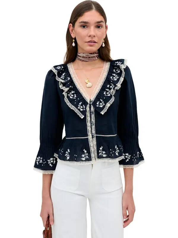 Rixo Solene Embroidered Cotton Blouse - Navy