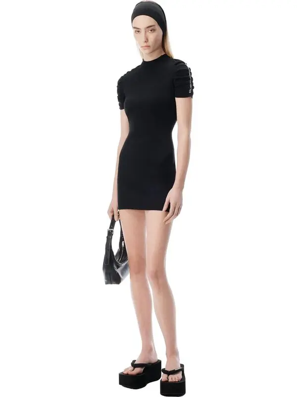 Alexander Wang Ruched Logo Short Sleeve Mini Dress - Black