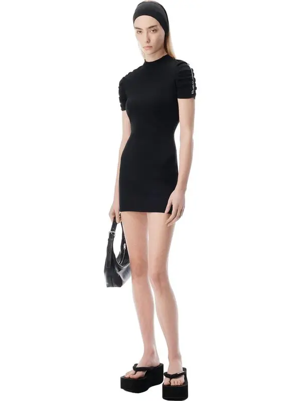 Alexander Wang Ruched Logo Short Sleeve Mini Dress - Black