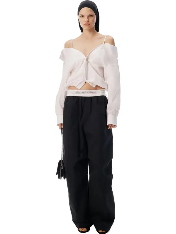 Alexander Wang Mid-rise Pleated Wide-leg Pants With Logo Elastic Waist - Black
