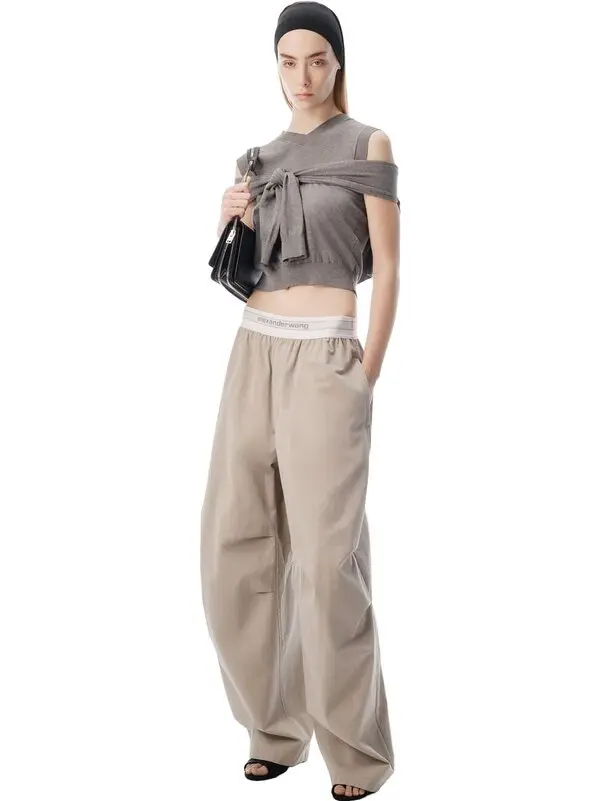 Alexander Wang Mid-rise Pleated Wide-leg Pants With Logo Elastic Waist - Stone
