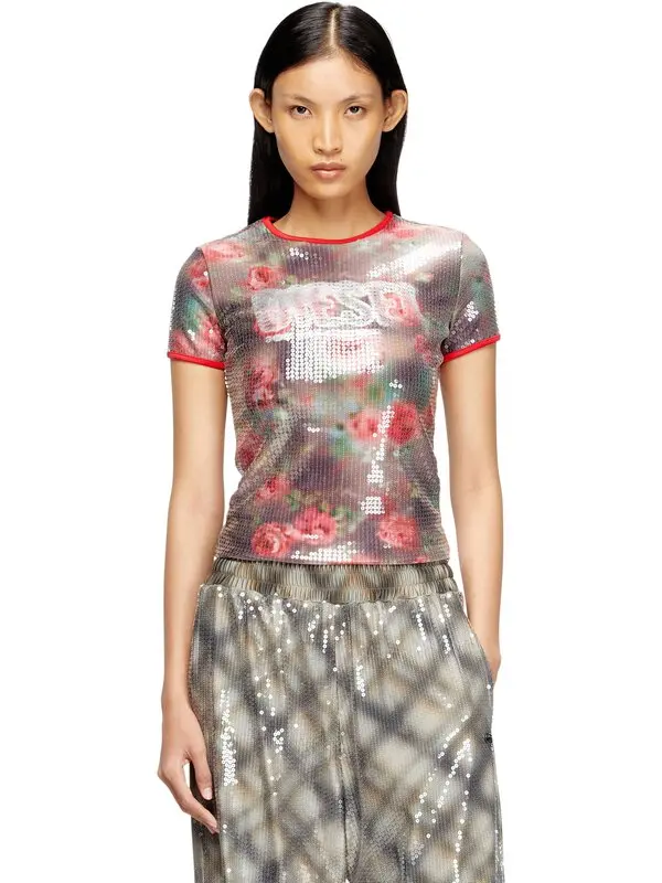 DIESEL® Skinny Fit Floral Print Jersey Top With Sequins - Multicolor