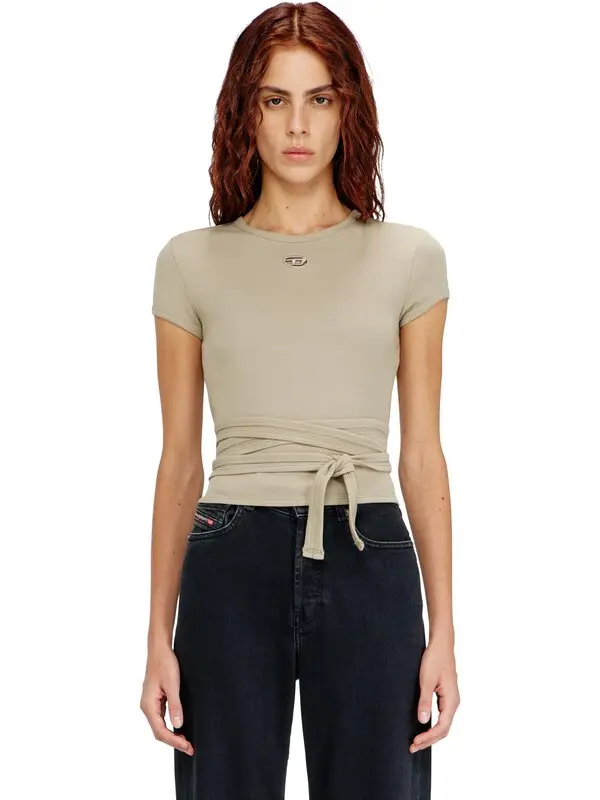 DIESEL® Ribbed T-shirt With Wrap-around Laces And Oval D Embroidery - Beige