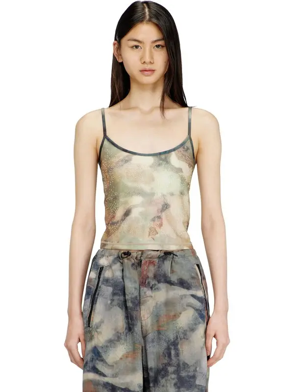 DIESEL® Camouflage Print Crystal Embellished Skinny Top - Green