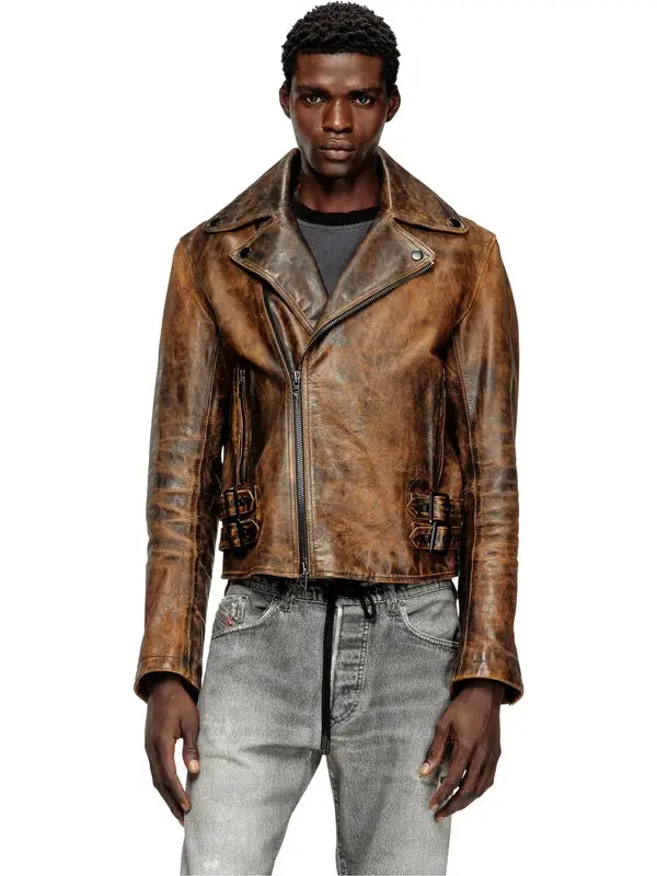 DIESEL® Treated Leather Biker Jacket - Brown