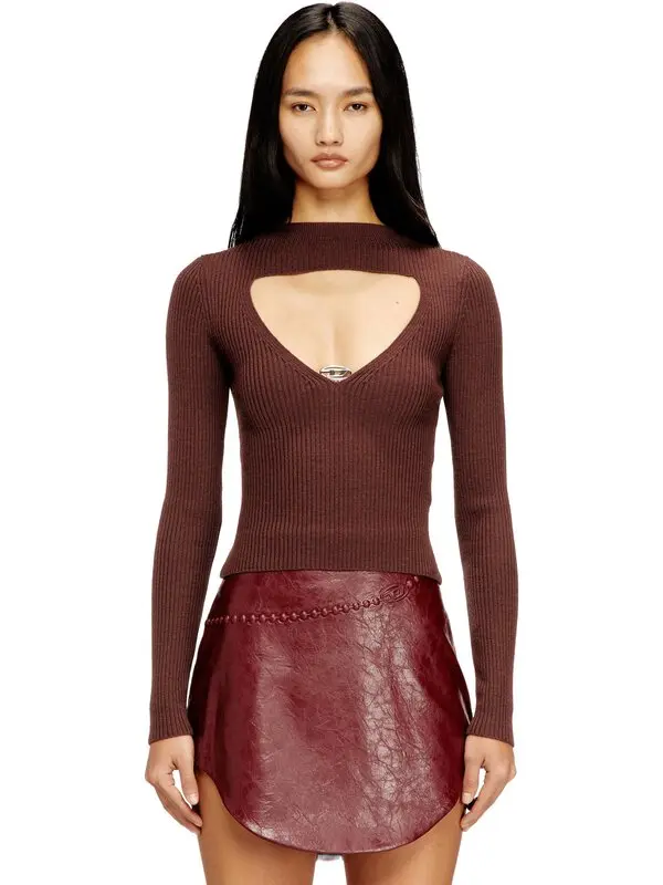 DIESEL® Ribbed Wool Mock Neck Jumper With Cut-out Detail - Brown