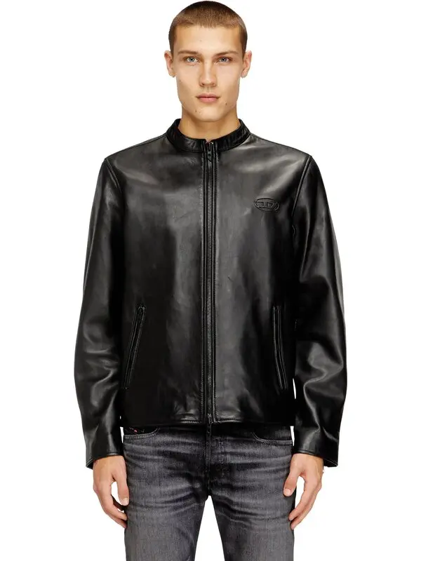 DIESEL® Waxed Leather Biker Jacket With Embossed Logo - Black