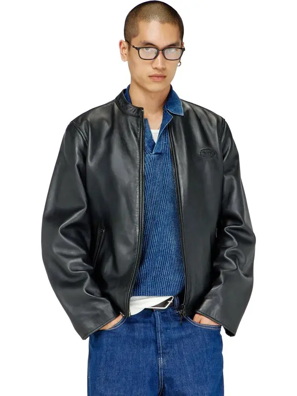 DIESEL® Waxed Leather Biker Jacket With Embossed Logo - Black