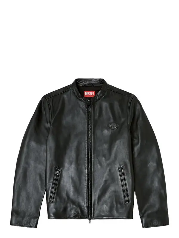 DIESEL® Waxed Leather Biker Jacket With Embossed Logo - Black