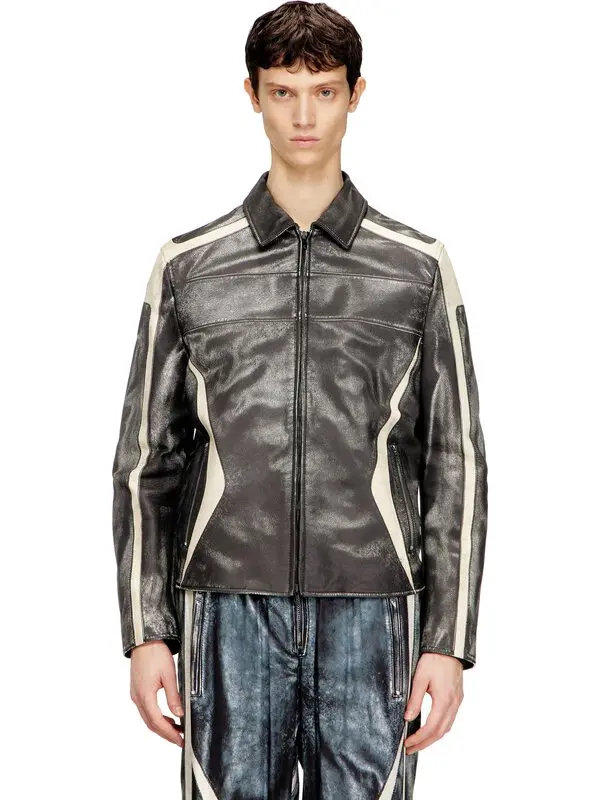 DIESEL® Leather Biker Print Coach Jacket - Multicolor