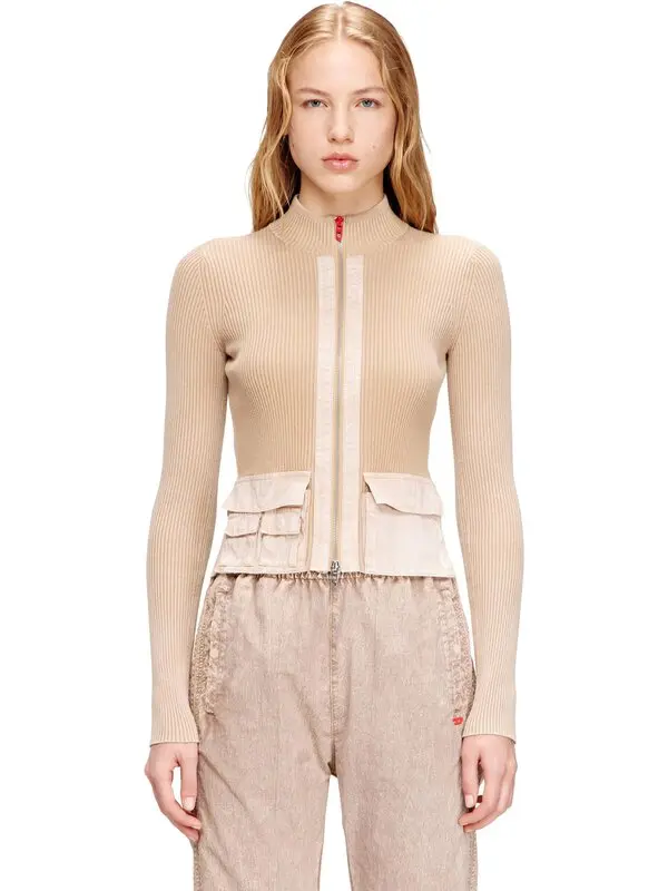 DIESEL® Ribbed Mock Neck Cardigan With Cargo Pockets - Beige