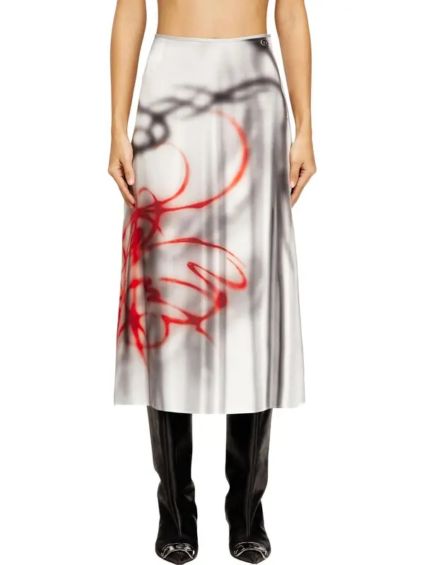 DIESEL® Satin Midi Skirt With Graffiti Print And Metal Oval D Charm - Grey
