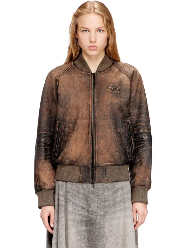 DIESEL® Distressed Leather Bomber Jacket - Brown