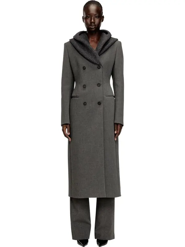 DIESEL® Long Hourglass Coat With Knitted Cowl Hood - Grey