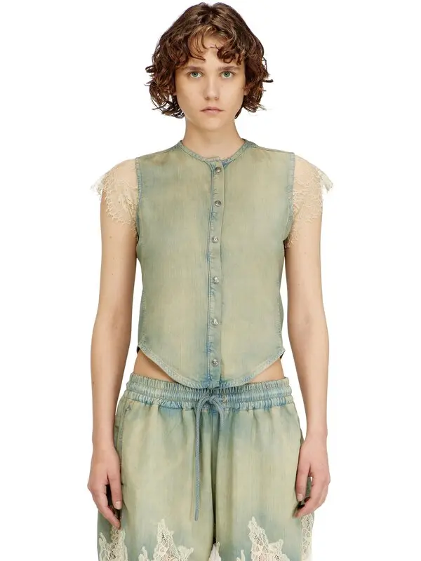 DIESEL® Denim And Lace Cap Sleeve Shirt - Blue