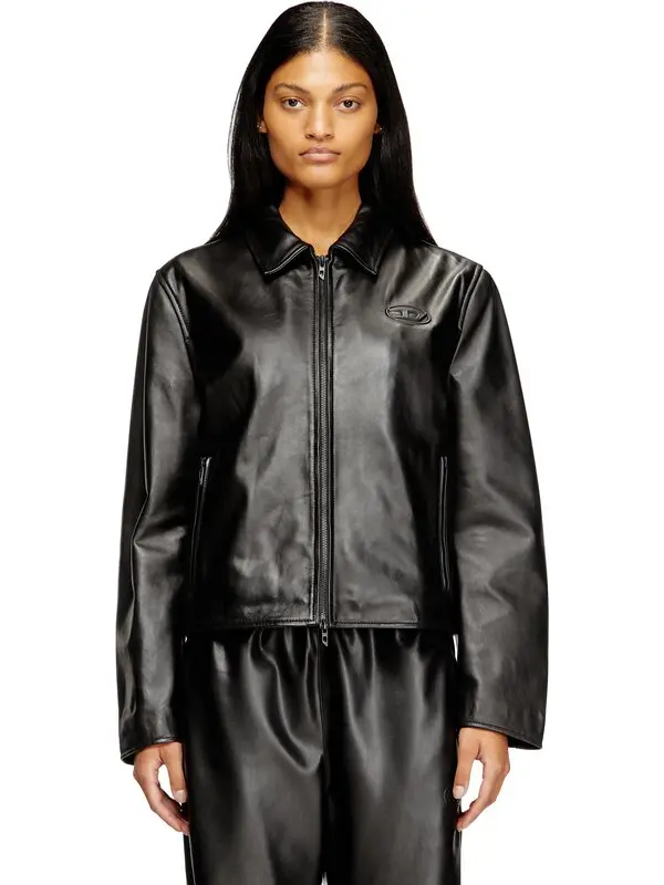 DIESEL® Leather Coach Jacket With Embossed Logo - Black