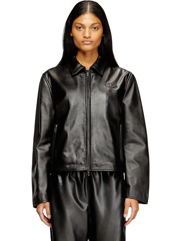 DIESEL® Leather Coach Jacket With Embossed Logo - Black