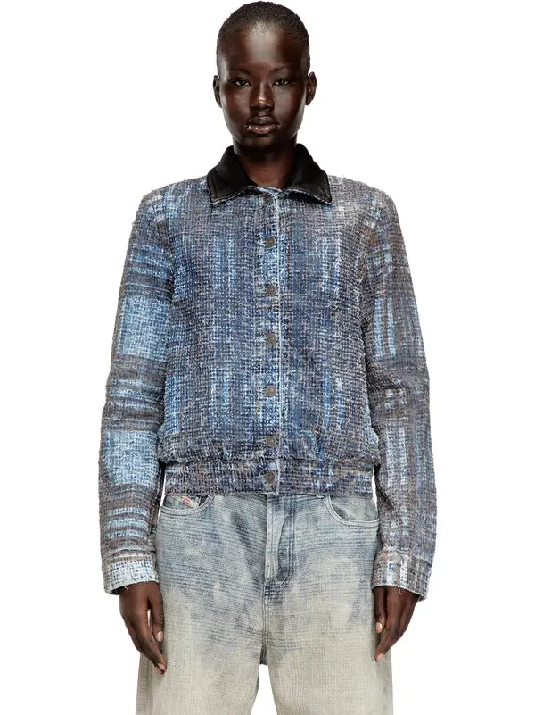 DIESEL® Graphic Bouclé Denim Jacket With Leather Collar - Blue