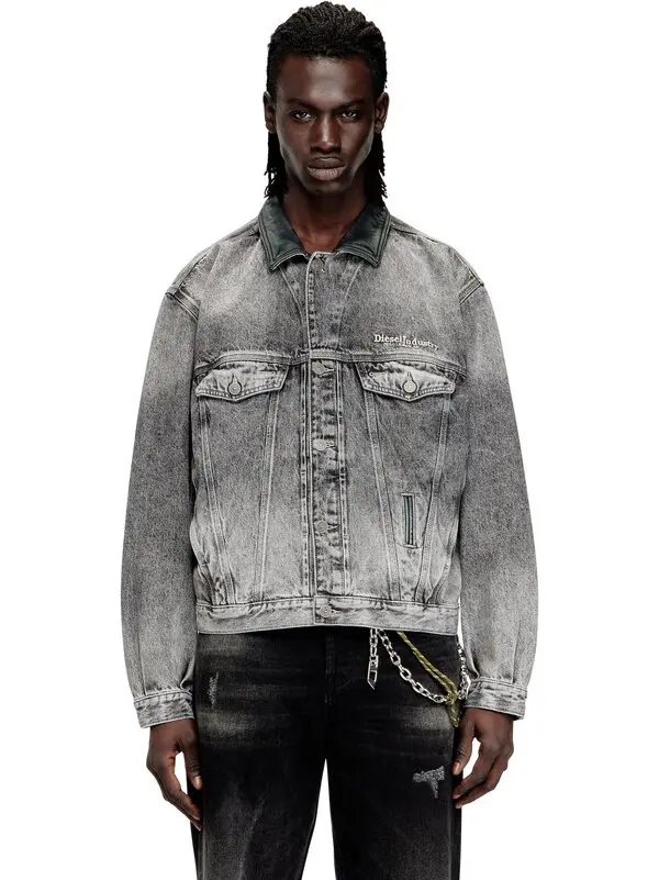 DIESEL® Denim Trucker Jacket With Leather Trim And Embroidered Logo - Grey