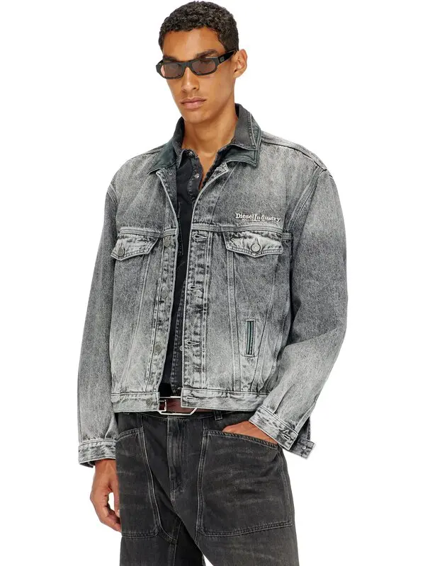 DIESEL® Denim Trucker Jacket With Leather Trim And Embroidered Logo - Grey
