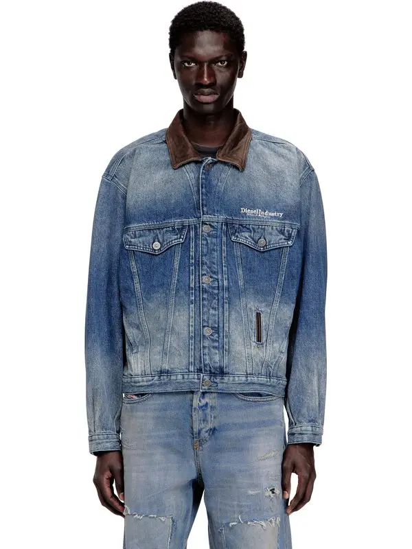 DIESEL® Denim Trucker Jacket With Contrast Leather Trims - Blue