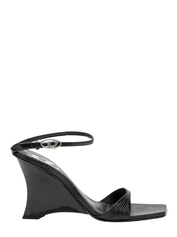 DIESEL® D-amber Wedge Sandals In Lizard-effect Leather - Black