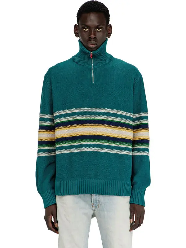 DIESEL® Cotton Turtle Neck Jumper With Zipper And Stripes - Blue