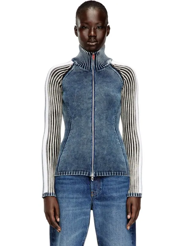 DIESEL® High-neck Zip-up Cardigan With Sporty Bands - Multicolor