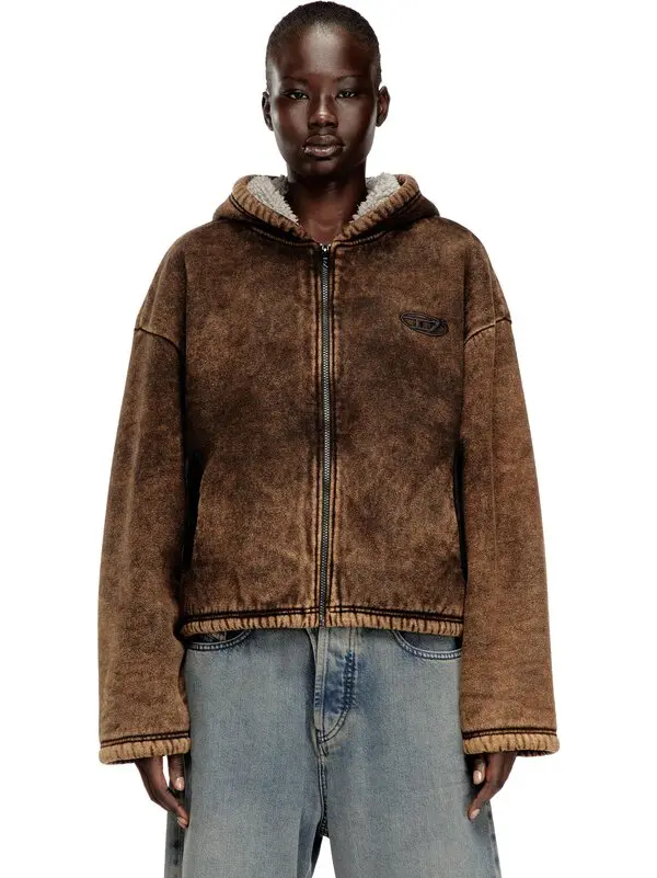 DIESEL® Acid Wash Teddy Lined Zip-up Hoodie - Brown