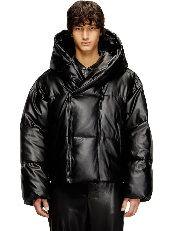 DIESEL® Hooded Puffer Jacket In Coated Fabric - Black