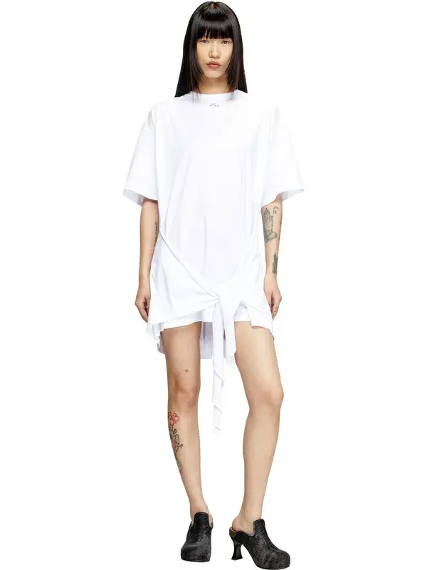 DIESEL® Organic Cotton T-shirt Dress With Draped Tie Front - White