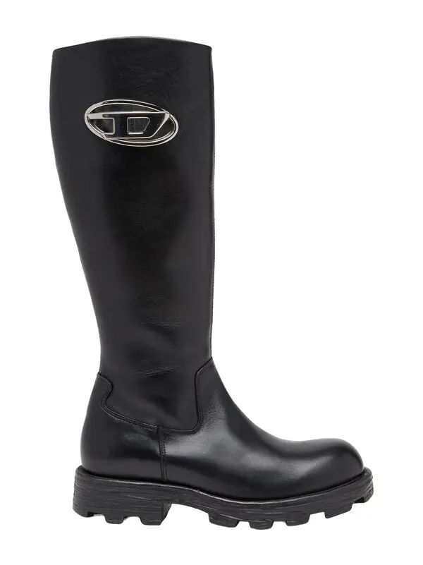 DIESEL® D-hammer Knee-high Leather Boots With Silver Tone Hardware - Black