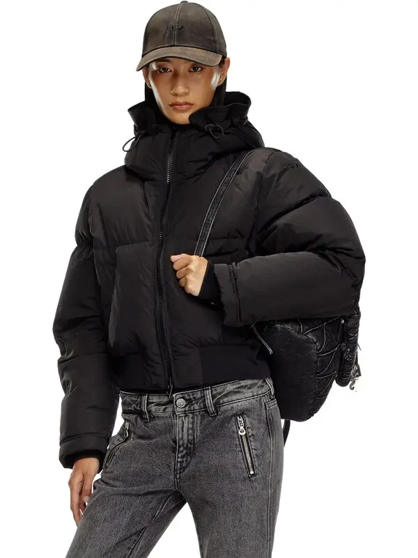 DIESEL® Crinkled Nylon Down Hooded Jacket - Black