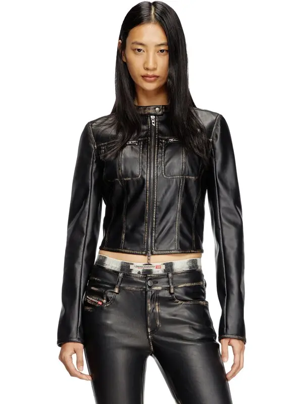 DIESEL® Cropped Distressed Biker Jacket - Black
