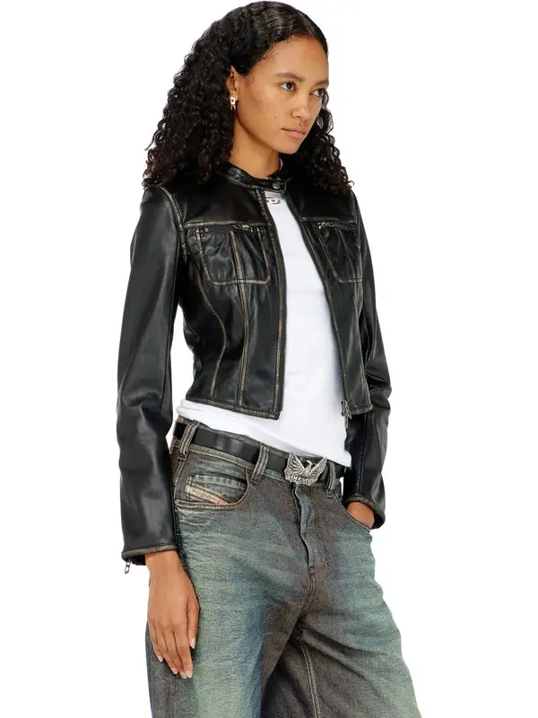 DIESEL® Cropped Distressed Biker Jacket - Black