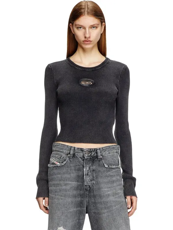 DIESEL® Cropped Ribbed Jumper With Cut-out Logo Detail - Black