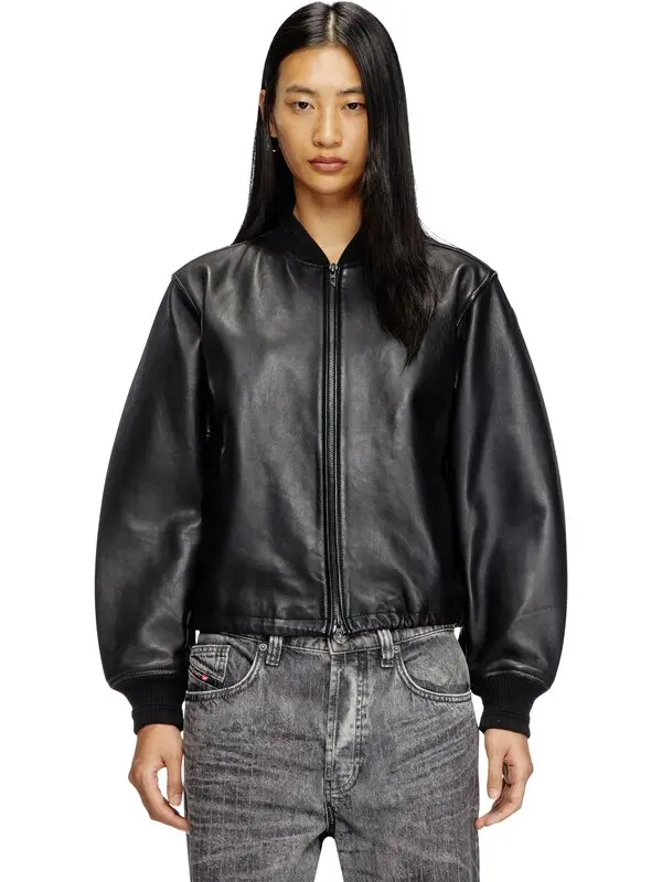 DIESEL® Leather Bomber Jacket With Drawstring Hem - Black