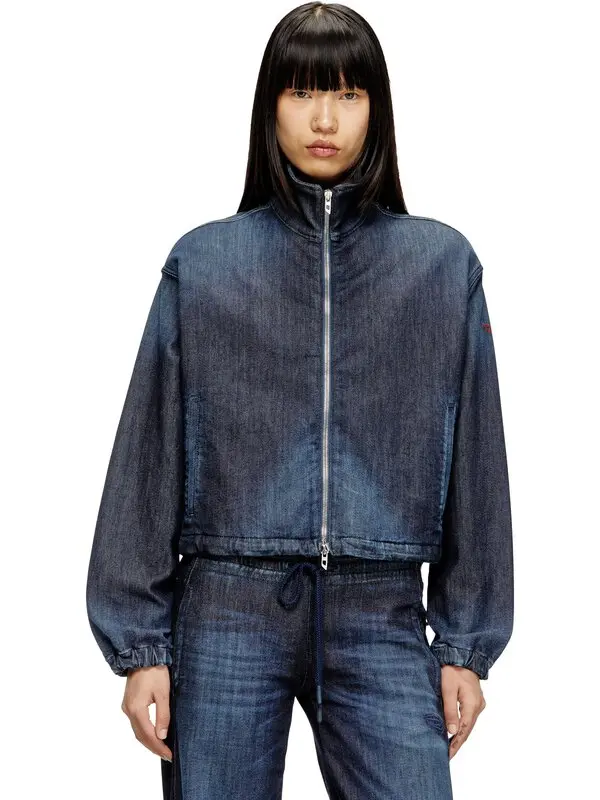 DIESEL® High-neck Jogg Jeans Jacket With Embroidered Logo - Blue