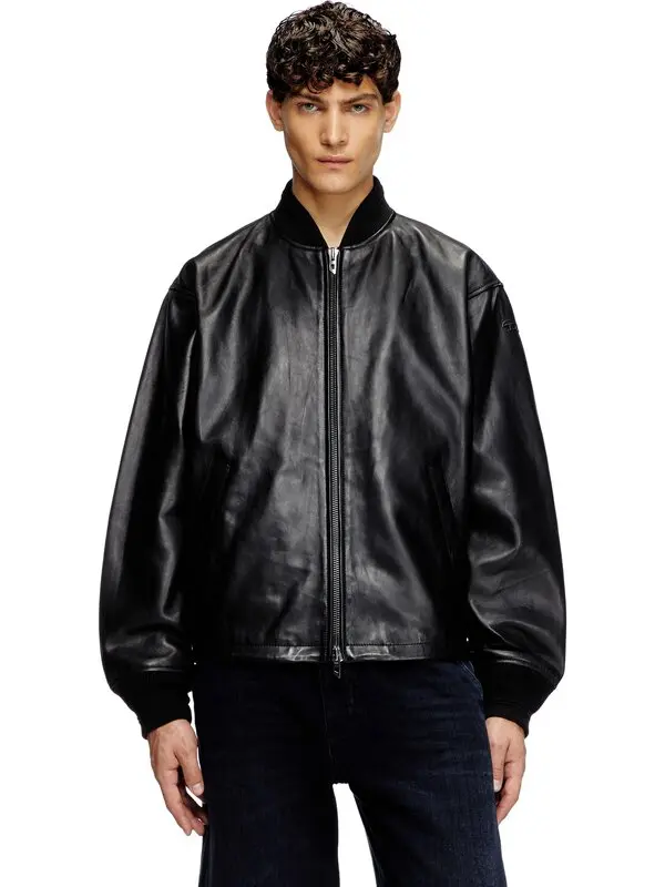 DIESEL® Waxed Leather Bomber Jacket - Black